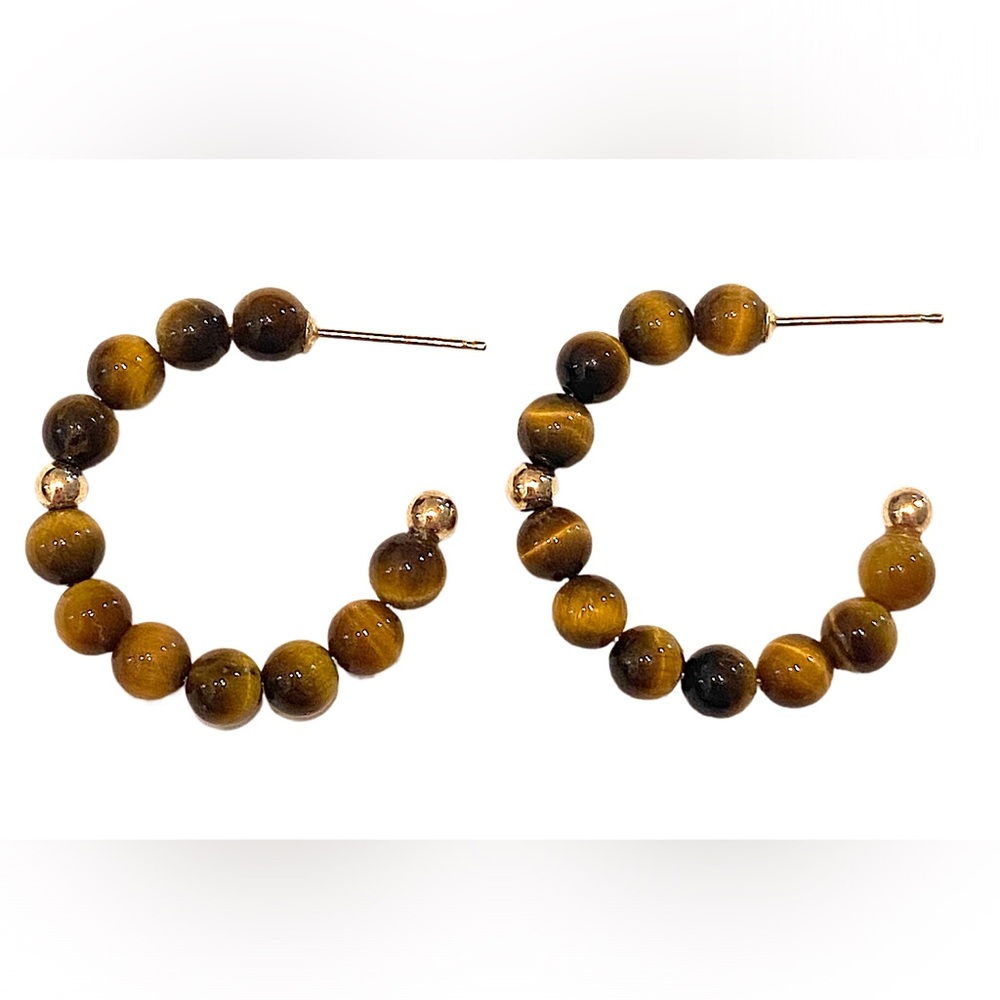 14k Gold Tigers Eye Stone Hoop Earrings Njr 14k - Gem